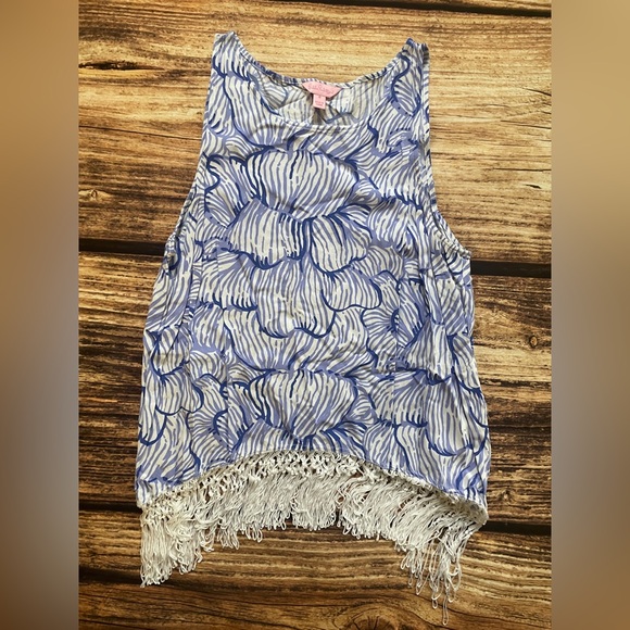 Lilly Pulitzer | Tops | Lilly Pulitzer Sonya Fringe Tassel Blue Floral ...